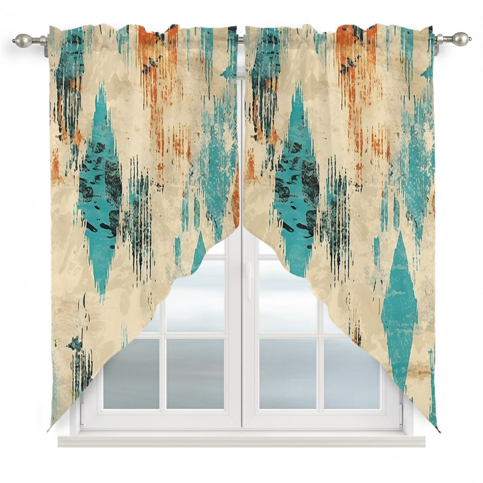 Bohemian Teal Swag Curtain Valance for Window 2 Panels Orange Argyle ...