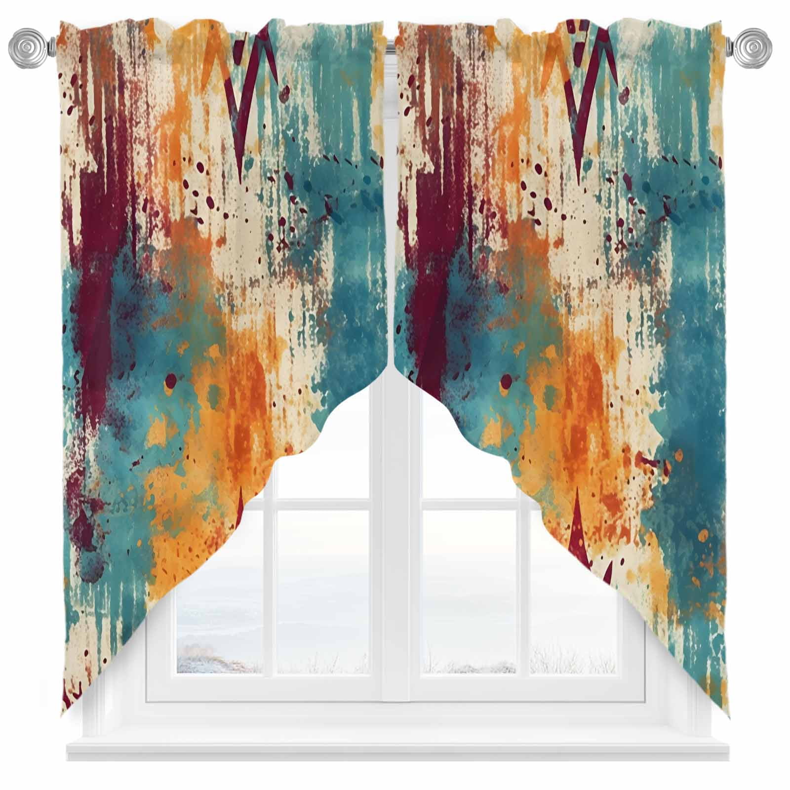 Bohemian Teal Swag Curtain Valance for Windows, Orange Splash Art Retro ...