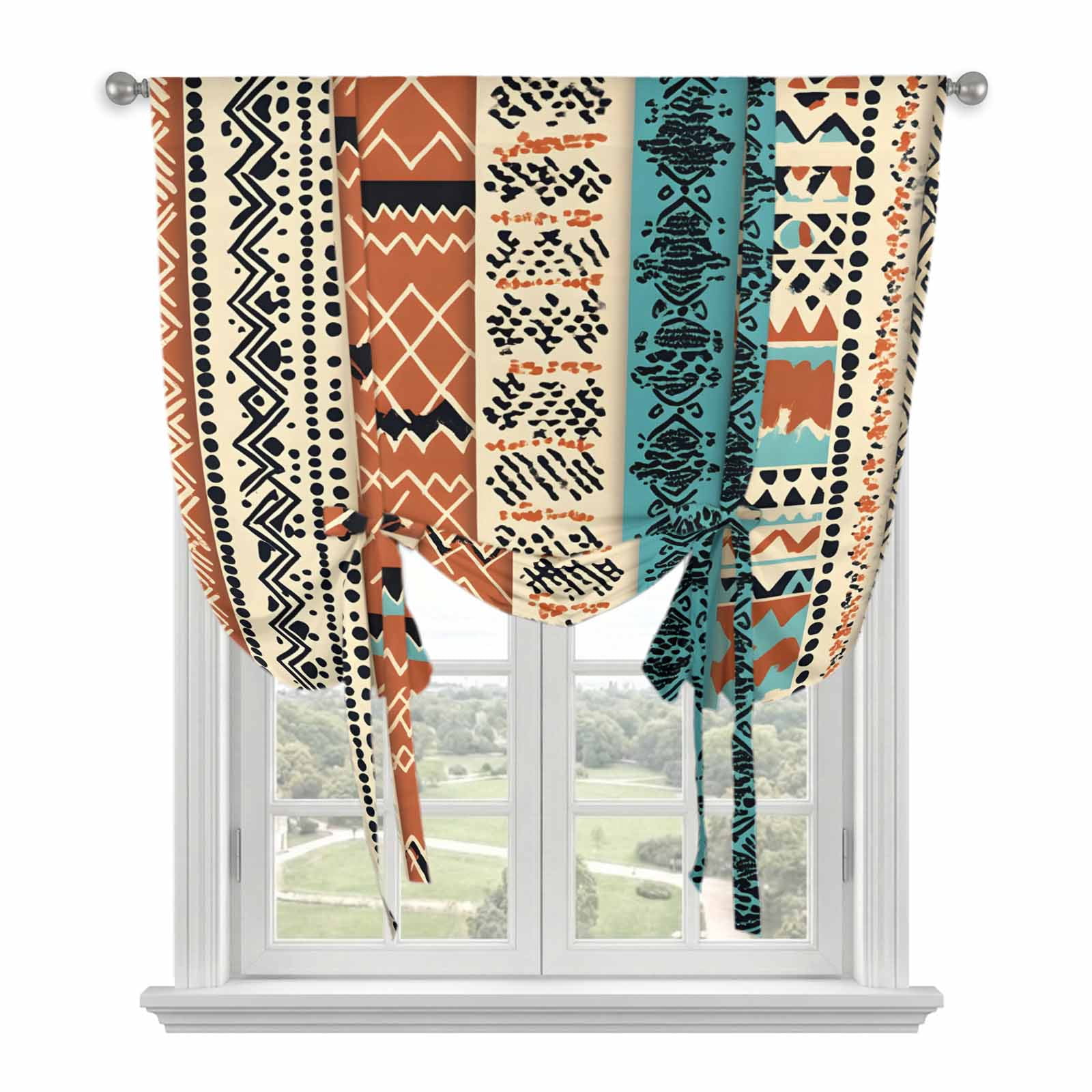Bohemian Teal Tie Up Curtains, Orange Floral Geometric Texture Ethnic ...