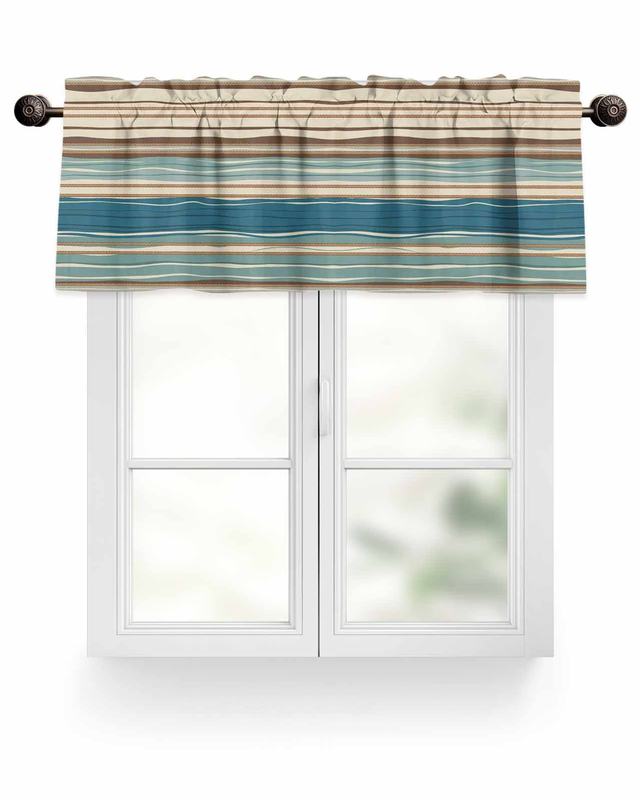 Bohemian Teal Valances for Windows Brown Stripe Retro Wave Line Valance ...