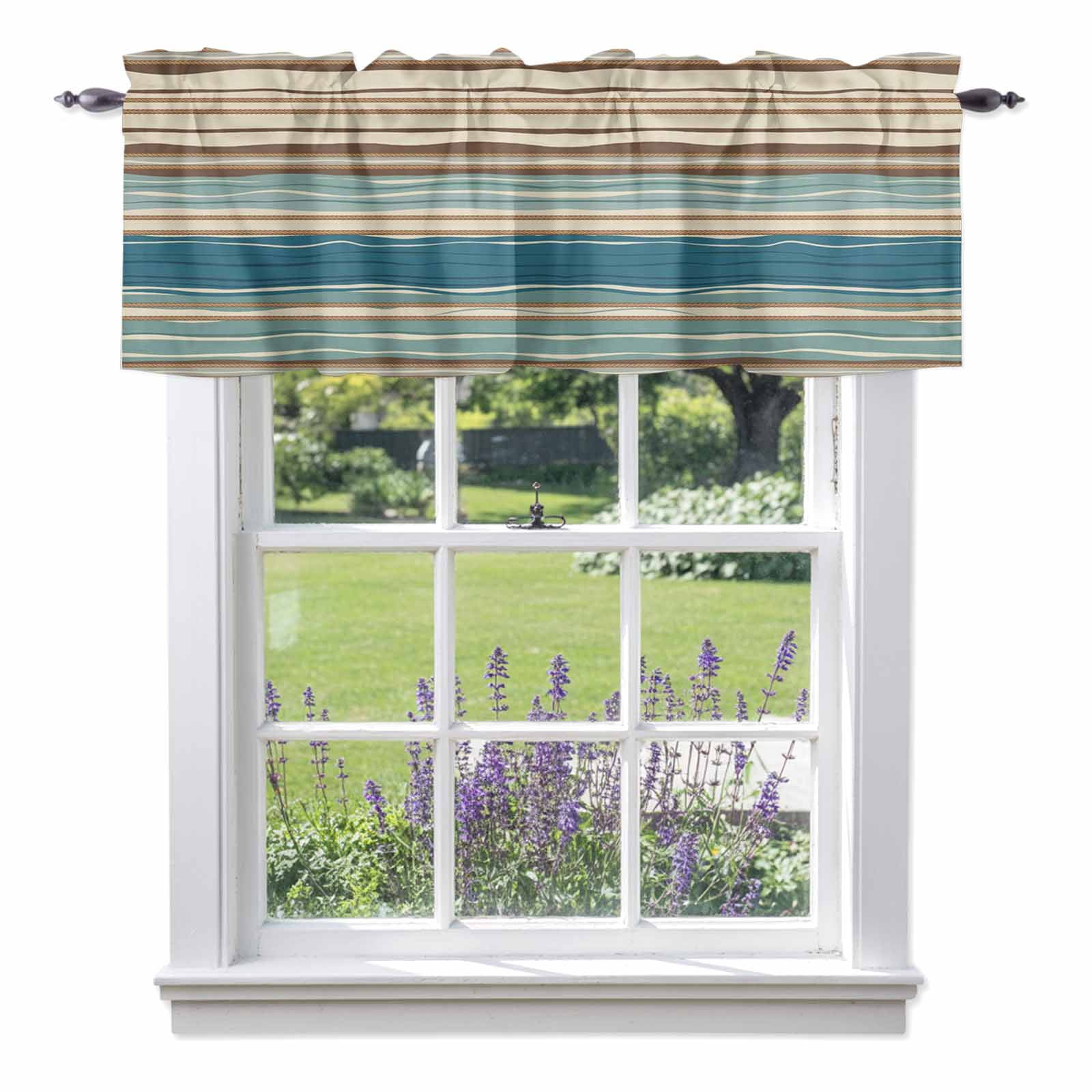 Bohemian Teal Valances for Windows, Brown Stripe Retro Wave Line ...