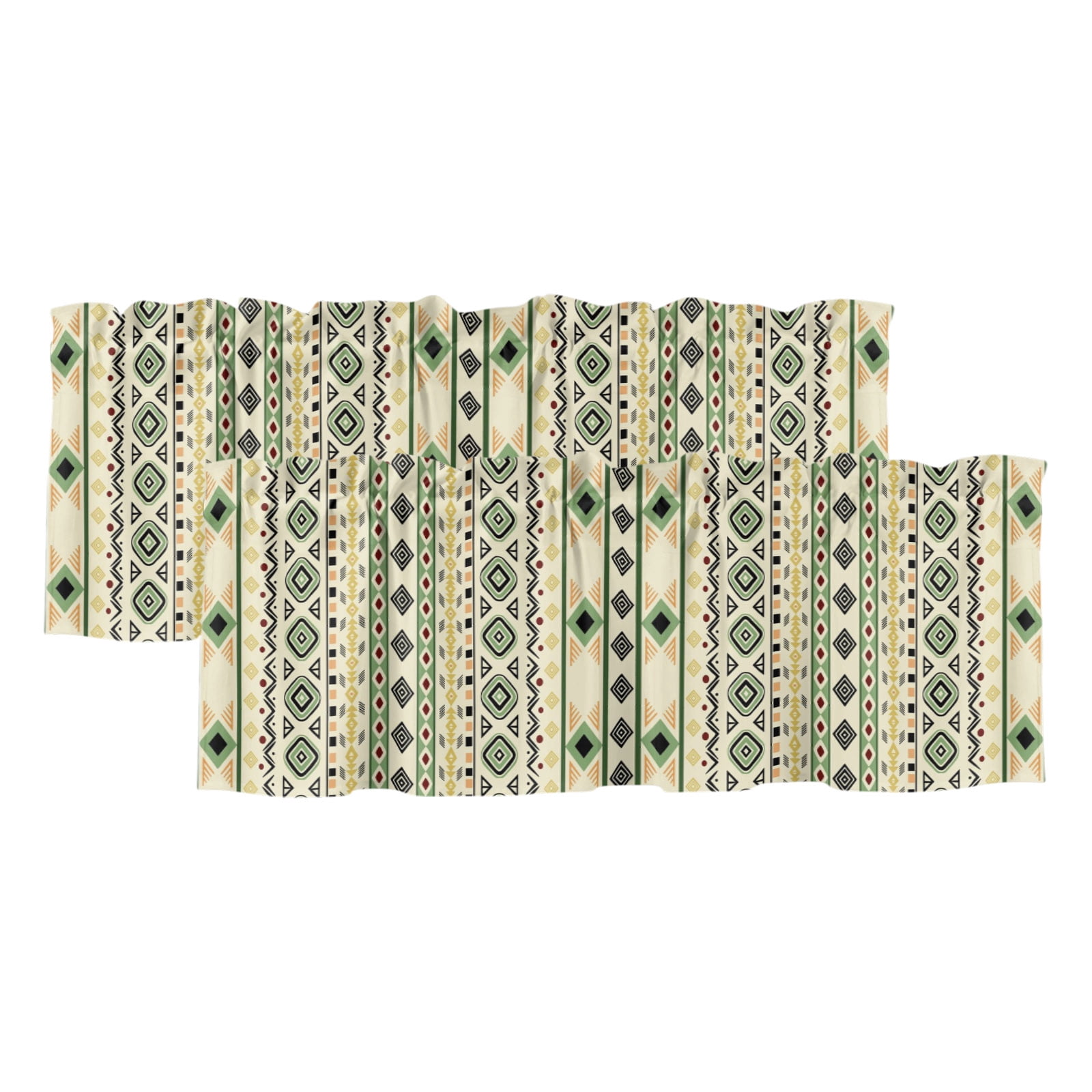 Bohemian Texture 2 Panels Kitchen Valance, Abstract Green Geometric ...