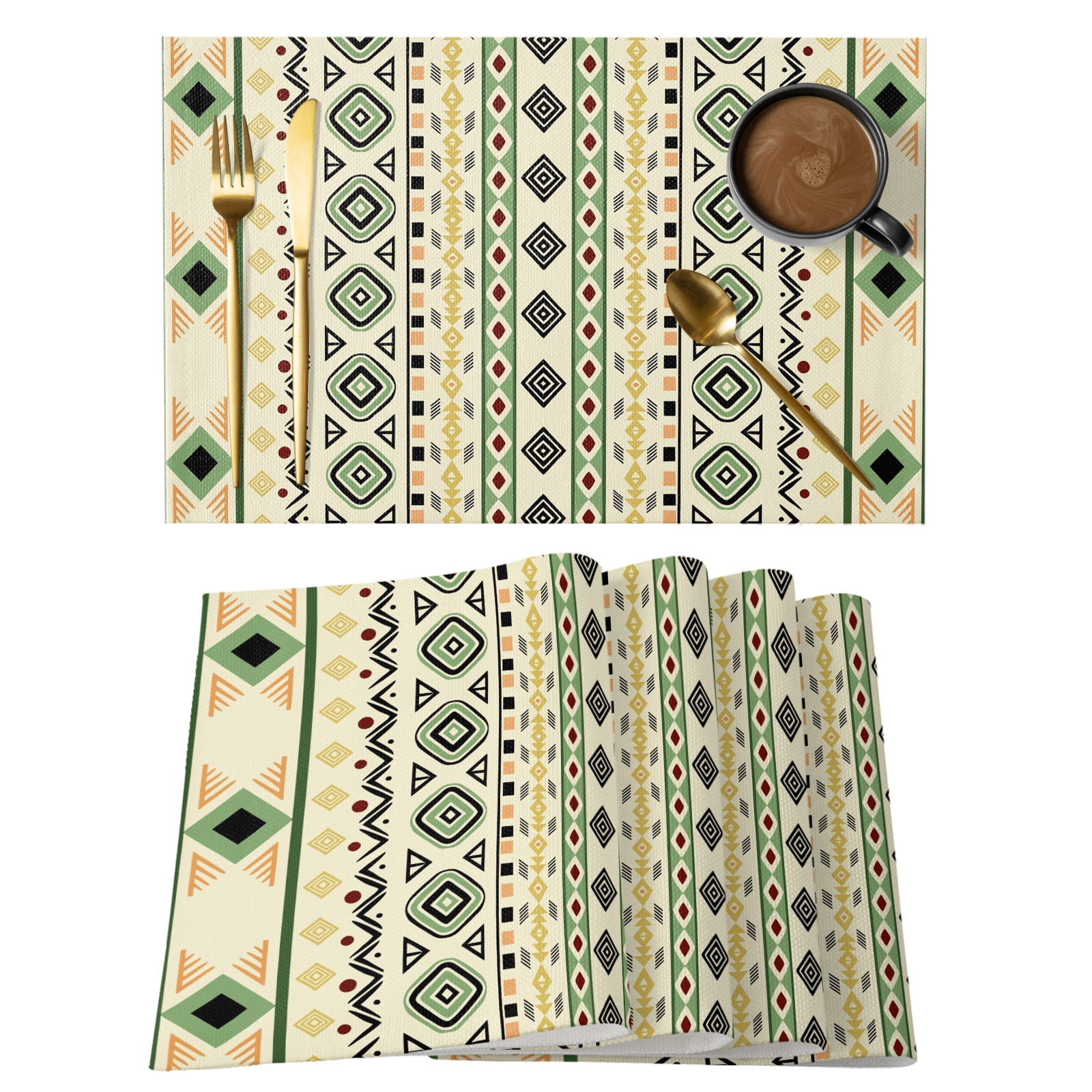 Bohemian Texture Cotton Linen Placemats Set of 8, Abstract Green ...