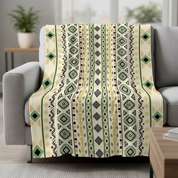 Bohemian Texture Fleece Throw Blanket Abstract Green Geometric National ...