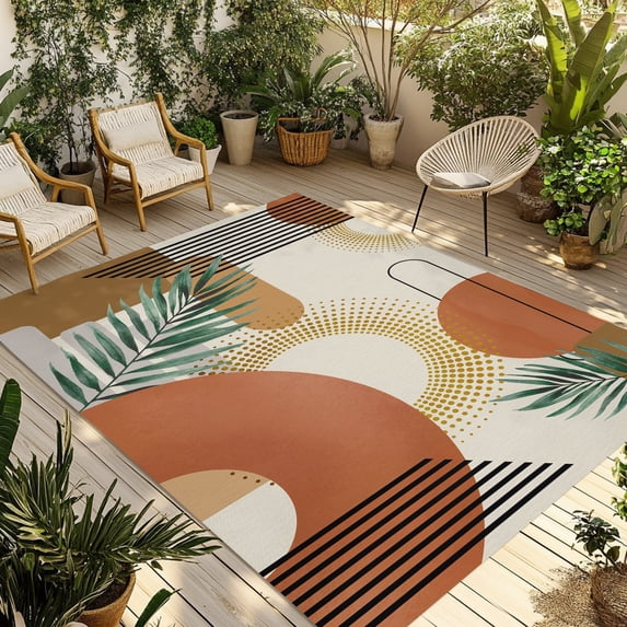 Bohemian Texture Outdoor Rug, Green Leaves Abstract Geometric Red ...