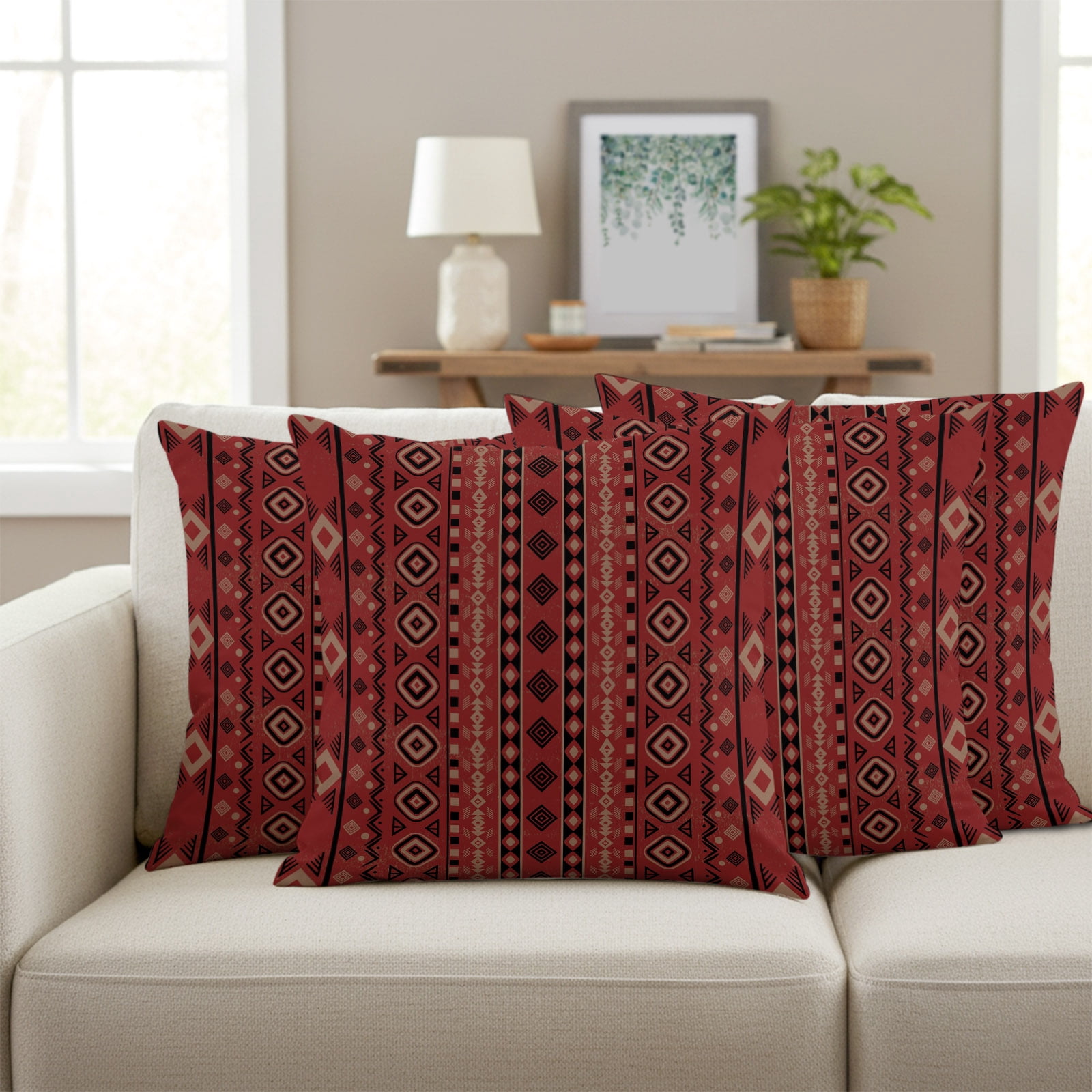 Bohemian Texture Pillow Covers Set of 4, Abstract Red Black Geometric ...
