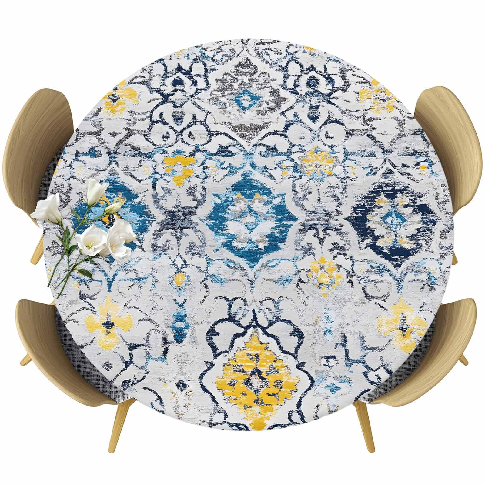 Bohemian Texture Round Fitted Tablecloth with Elastic Edge, Gary Blue ...