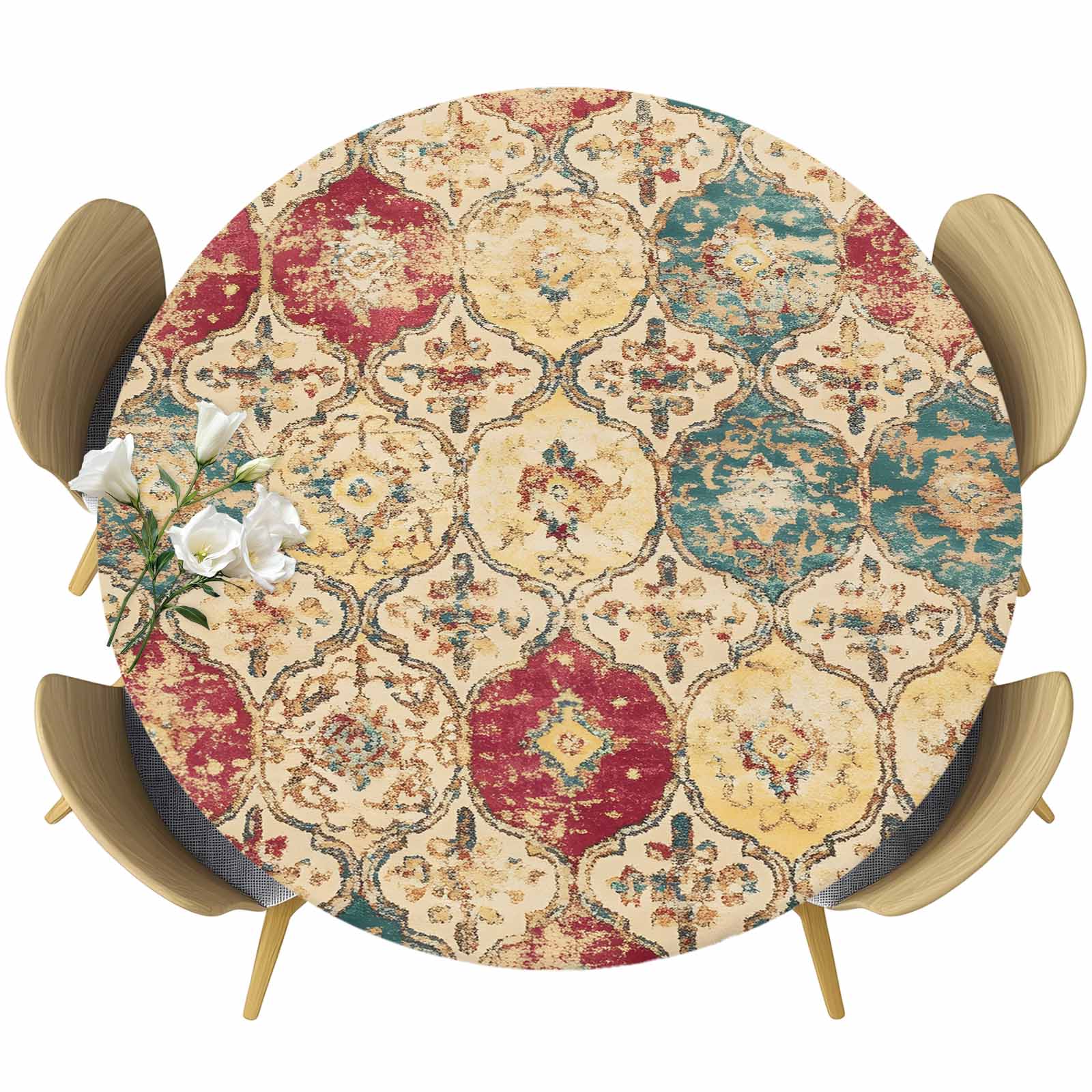 Bohemian Texture Round Fitted Tablecloth with Elastic Edge, Vintage ...