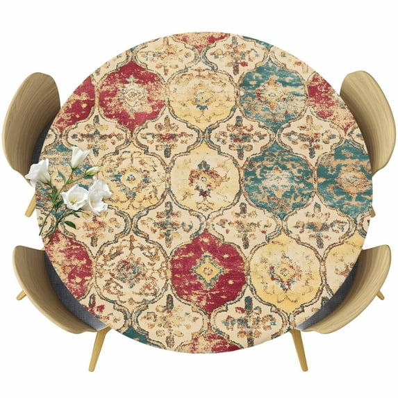 Bohemian Texture Round Fitted Tablecloth with Elastic Edge, Vintage ...