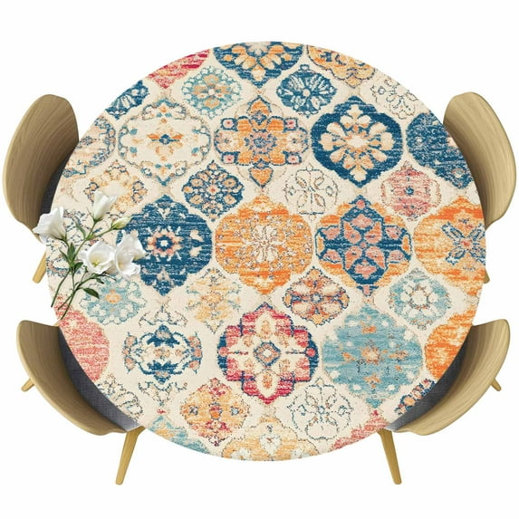 Bohemian Texture Round Fitted Tablecloth with Elastic Edge, Vintage ...