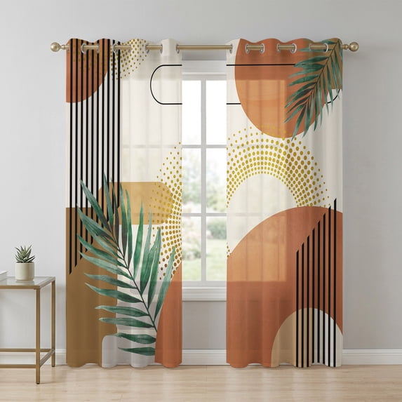 Bohemian Texture Sheer Curtains 84 Inch Long 2 Panels, Green Leaves ...