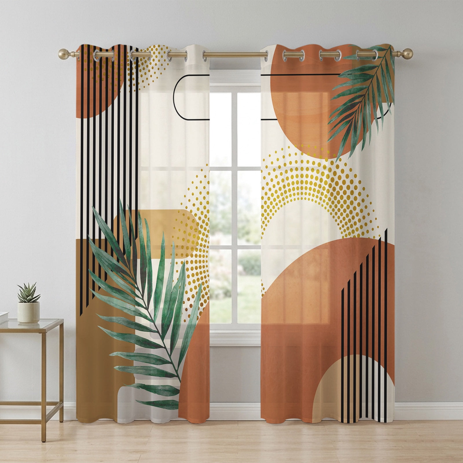 Bohemian Texture Sheer Curtains 90 Inch Long 2 Panels, Green Leaves ...