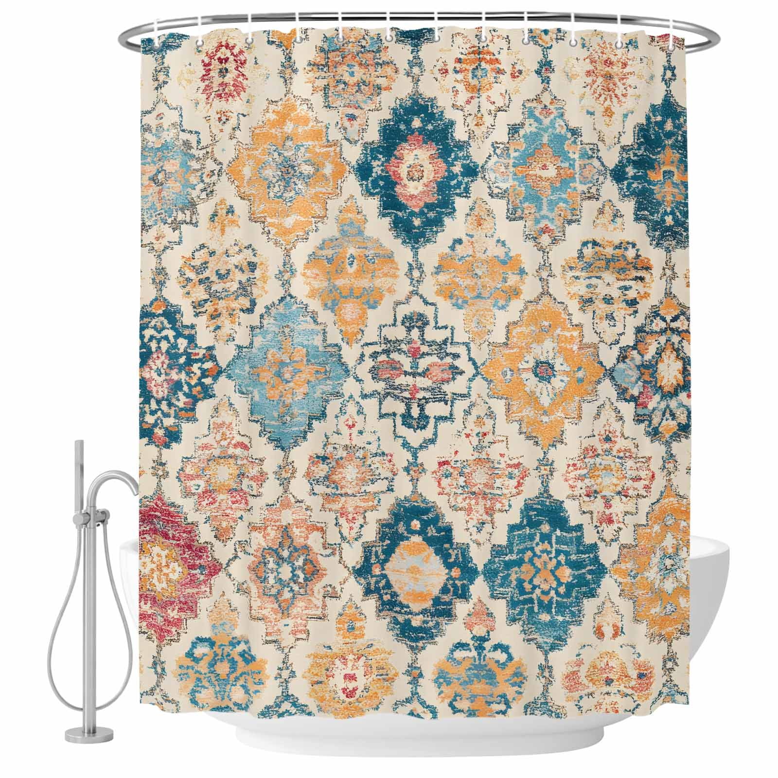 Bohemian Texture Shower Curtain for Bathroom, Retro Yellow Blue Morocco ...