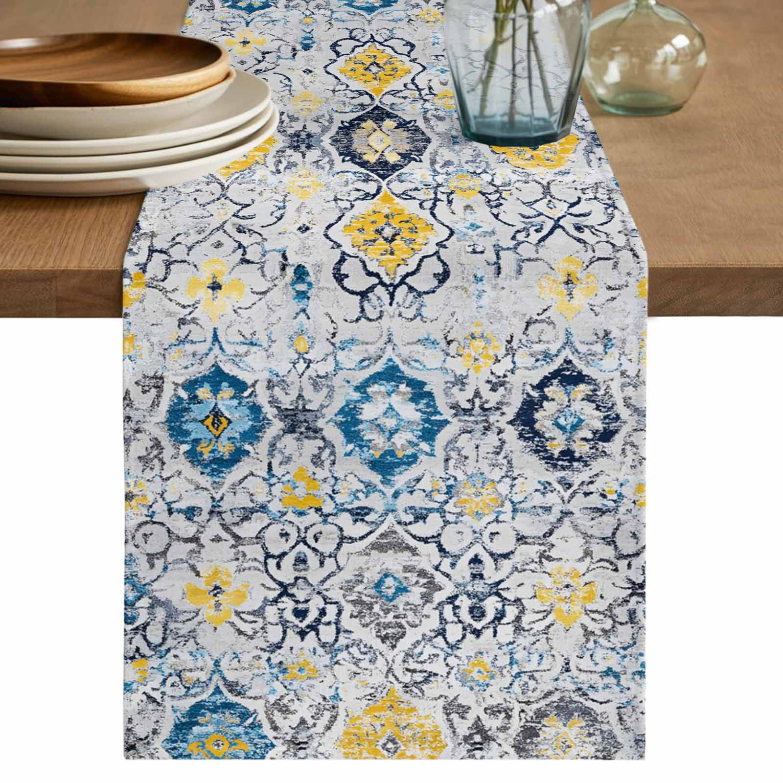 Bohemian Texture Table Runner, Gary Blue Morocco Pattern Cotton Linen ...