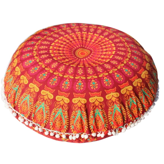 Bohemian Throw Pillow Cover,Mandala Round Floor Cushion Cover, Pom Pom ...