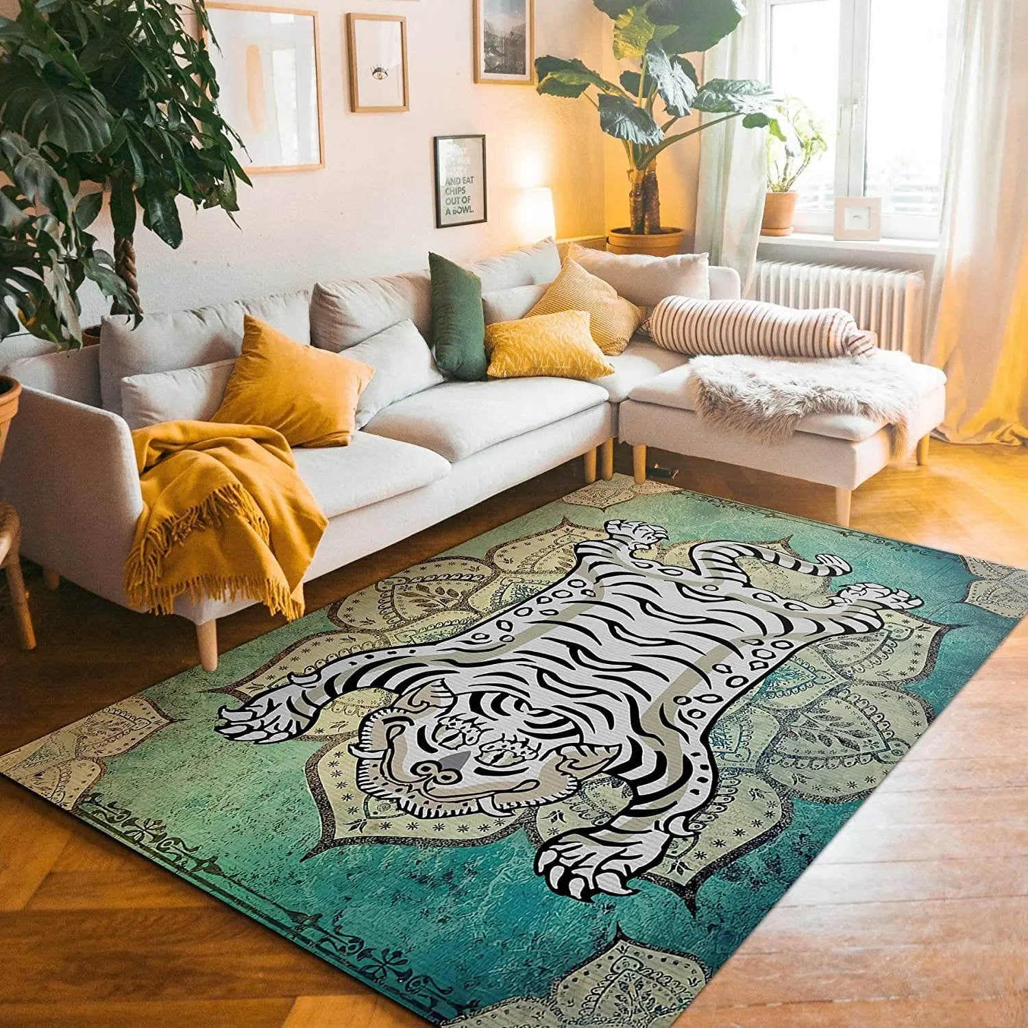 Bohemian Tibetan Tiger and Floral Area Rug Vintage Animal Area Rug ...