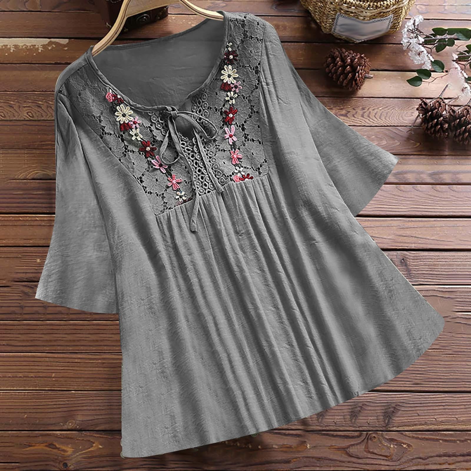 Bohemian Tops for Women Lace Trim Floral Embroidered Tops Eyelet Puff 3 ...