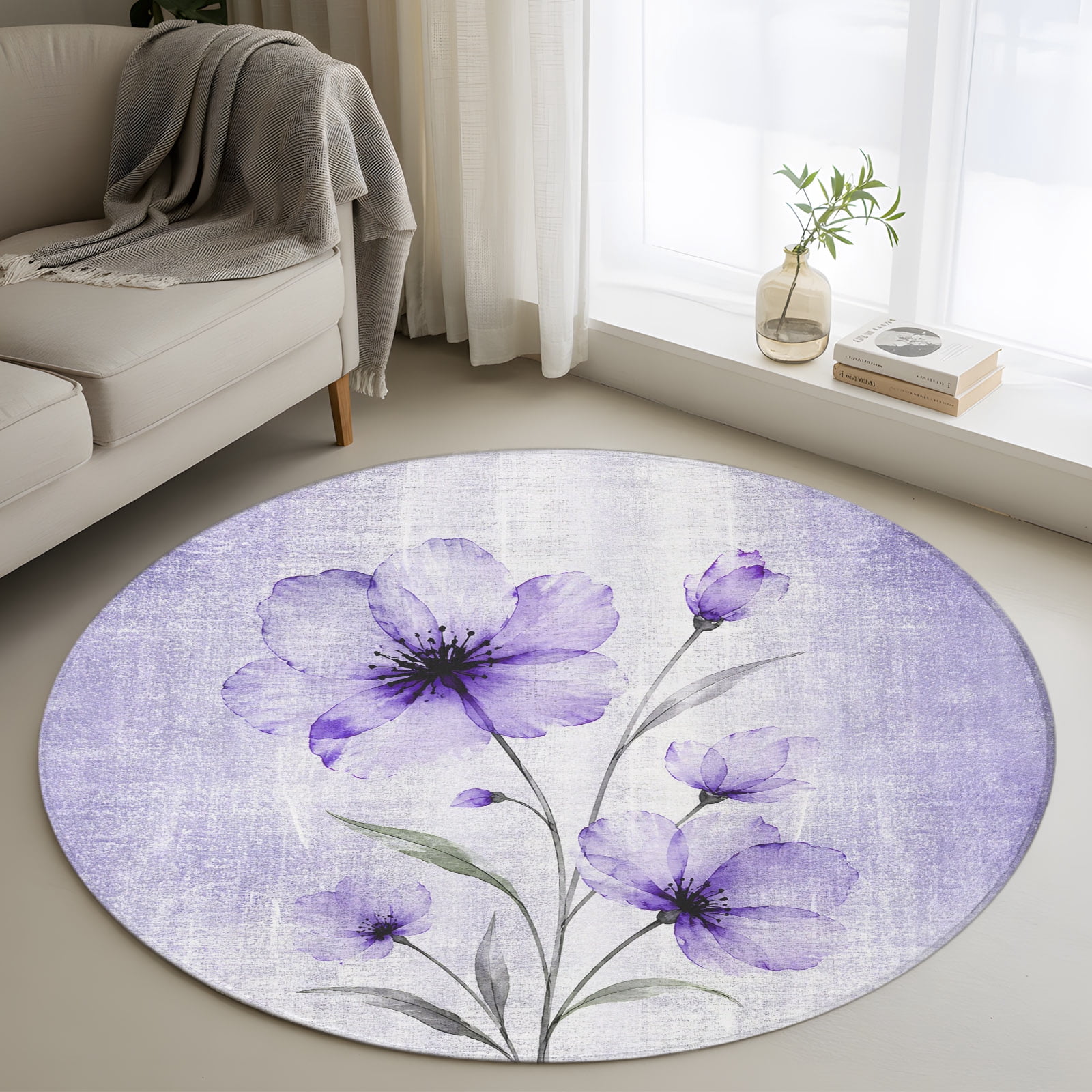 Bohemian Translucent Floral 4FT Round Area Rug Shabby Chic Purple ...