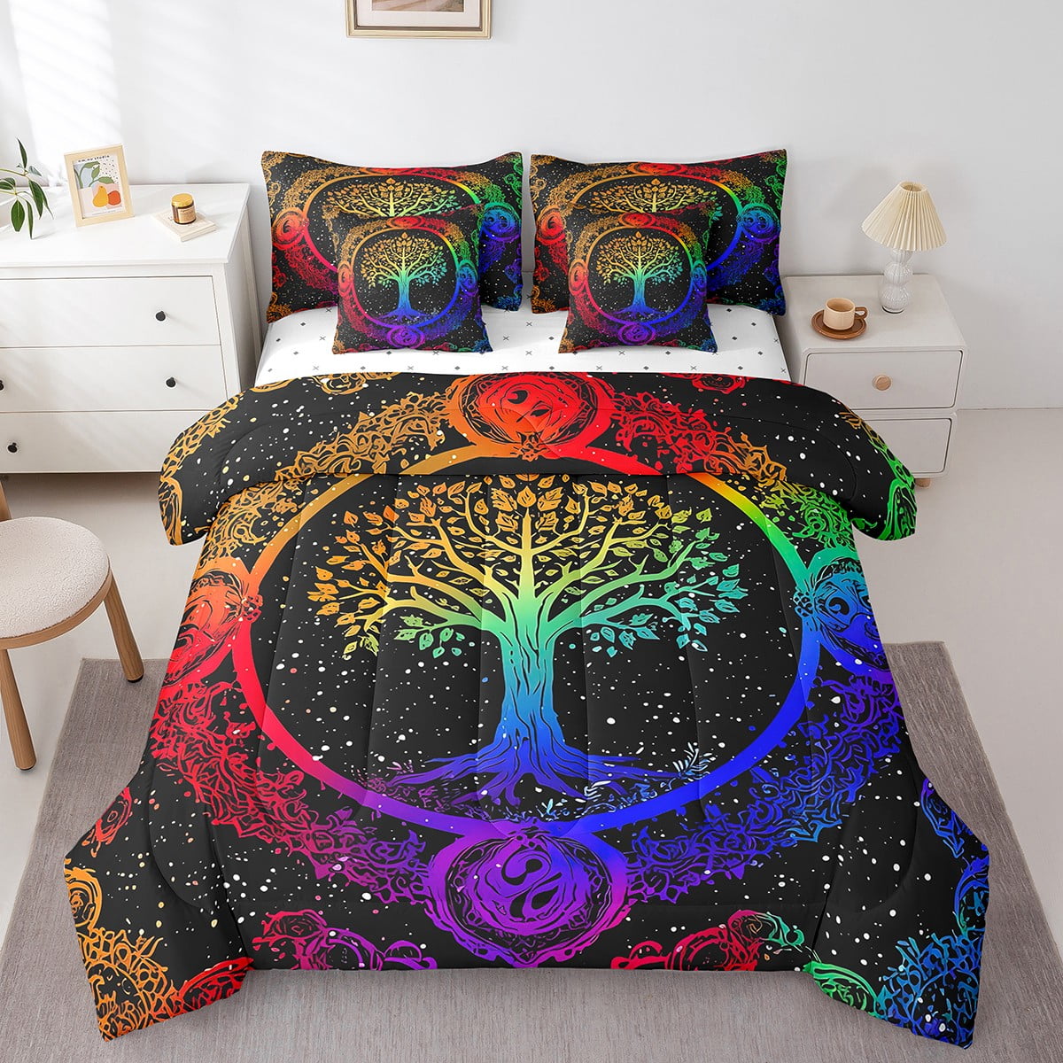 Bohemian Tree Of Life Bed in a Bag Queen Comforter Set 7 Piece,Gradient Tie Dye Sun and Moon ...