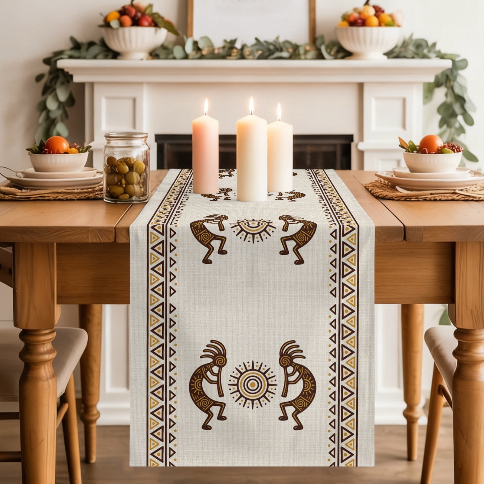 Bohemian Tribal Sunburst Dining Table Runner, Boho Mysterious Geometric ...
