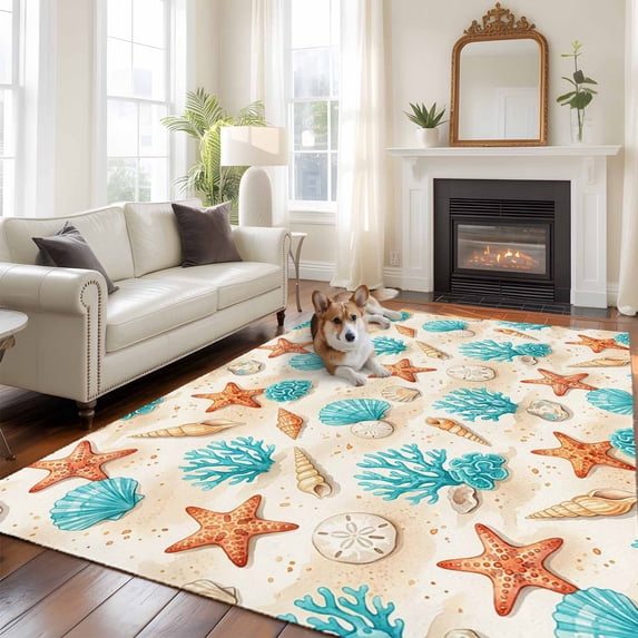 Bohemian Tropical Beach Washable Area Rug 6x9 Nautical Teal Coral Shell ...