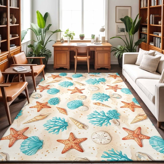 Bohemian Tropical Beach Washable Area Rug 8 x 10 ft Nautical Teal Coral ...