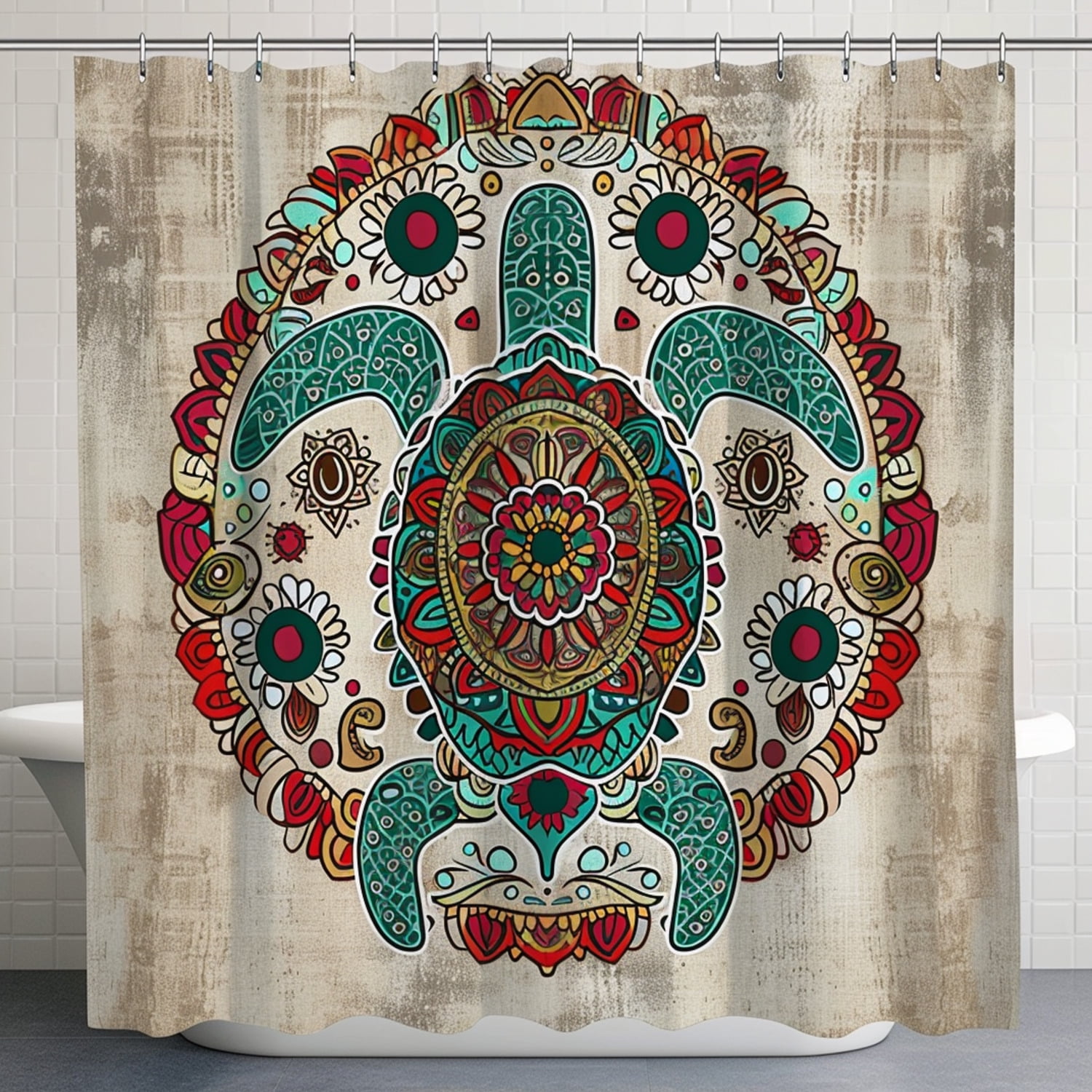 Bohemian Turtle Design Shower Curtain Red and Turquoise Patterns Ethnic ...