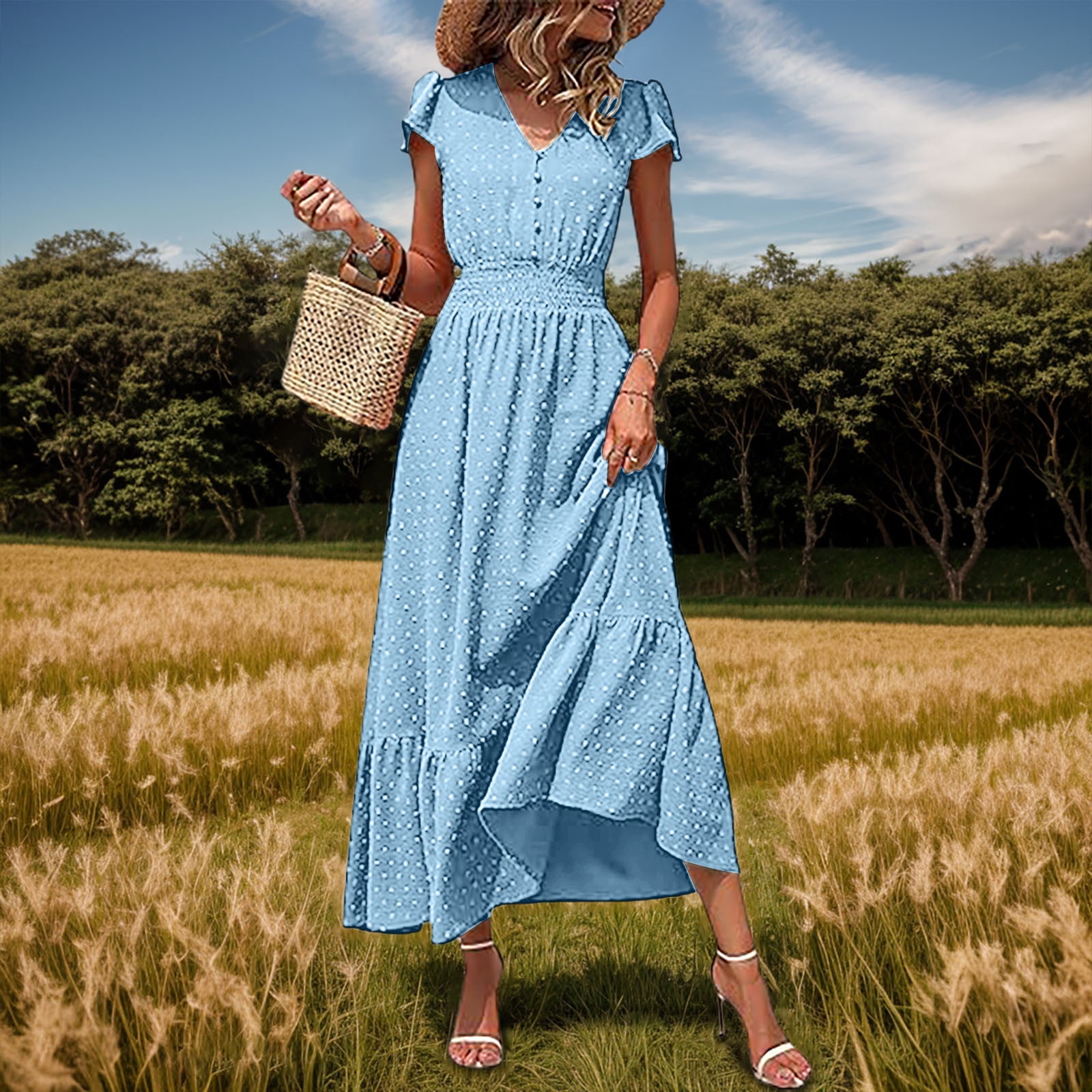 Bohemian V Neck Polka Bot High Waisted Button Up A Line Pleated Layered ...