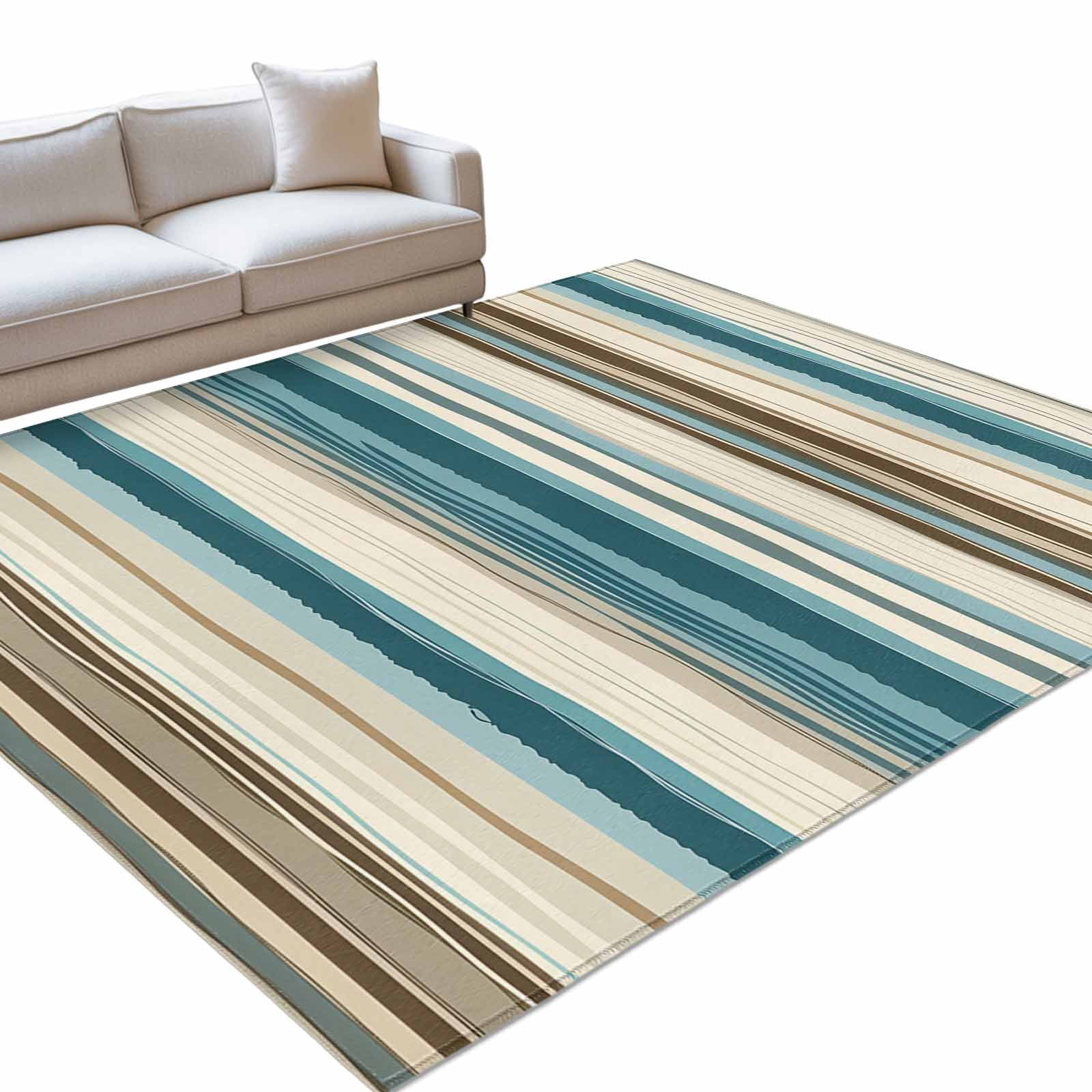 Bohemian Vertical Stripe Area Rug, Green Beige Simple Lines Non-Slip ...