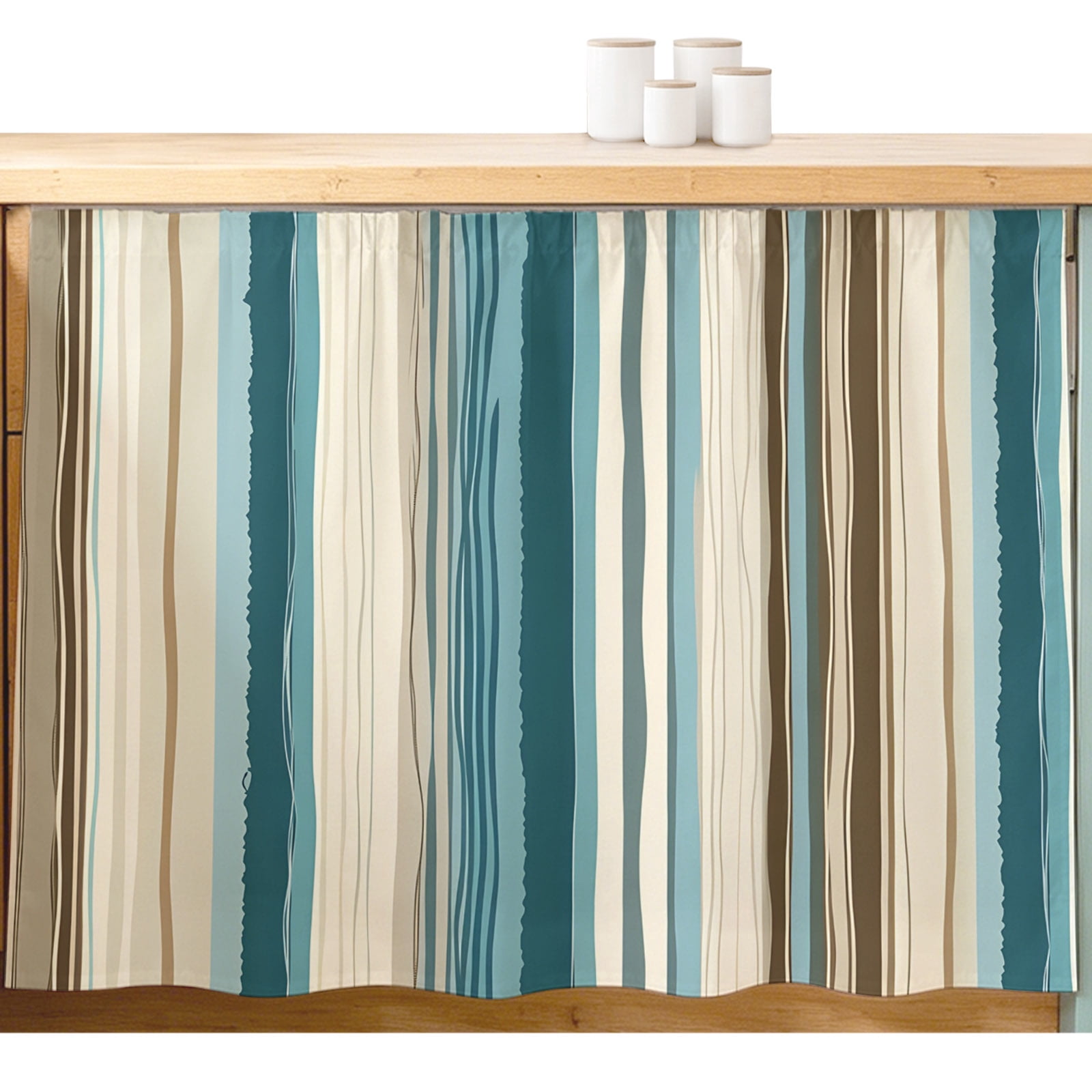 Bohemian Vertical Stripe Cabinet Curtains Green Beige Simple Lines Sink ...