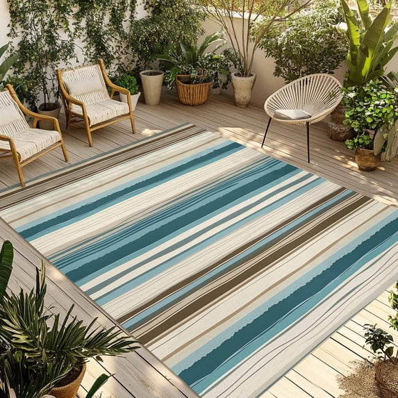 Bohemian Vertical Stripe Outdoor Rug, Green Beige Simple Lines Non-Slip ...