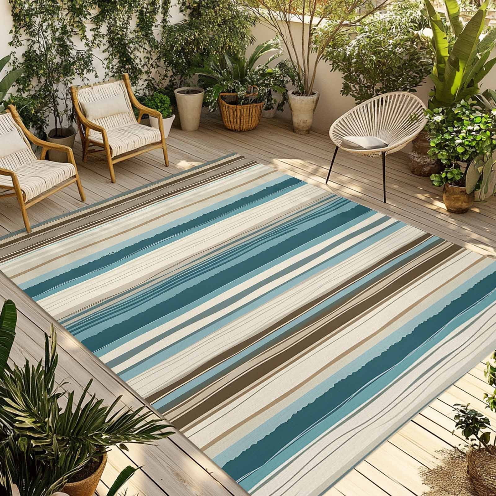 Bohemian Vertical Stripe Outdoor Rug, Green Beige Simple Lines Non-Slip ...