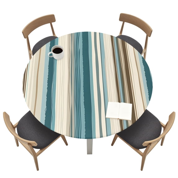 Bohemian Vertical Stripe Round Fitted Tablecloth Green Beige Simple ...
