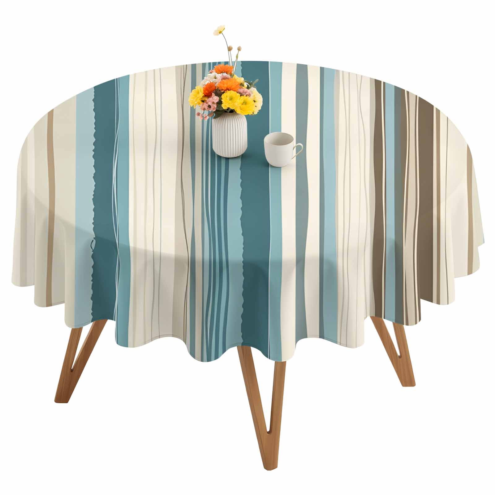 Bohemian Vertical Stripe Round Tablecloth 60 inches Green Beige Simple ...
