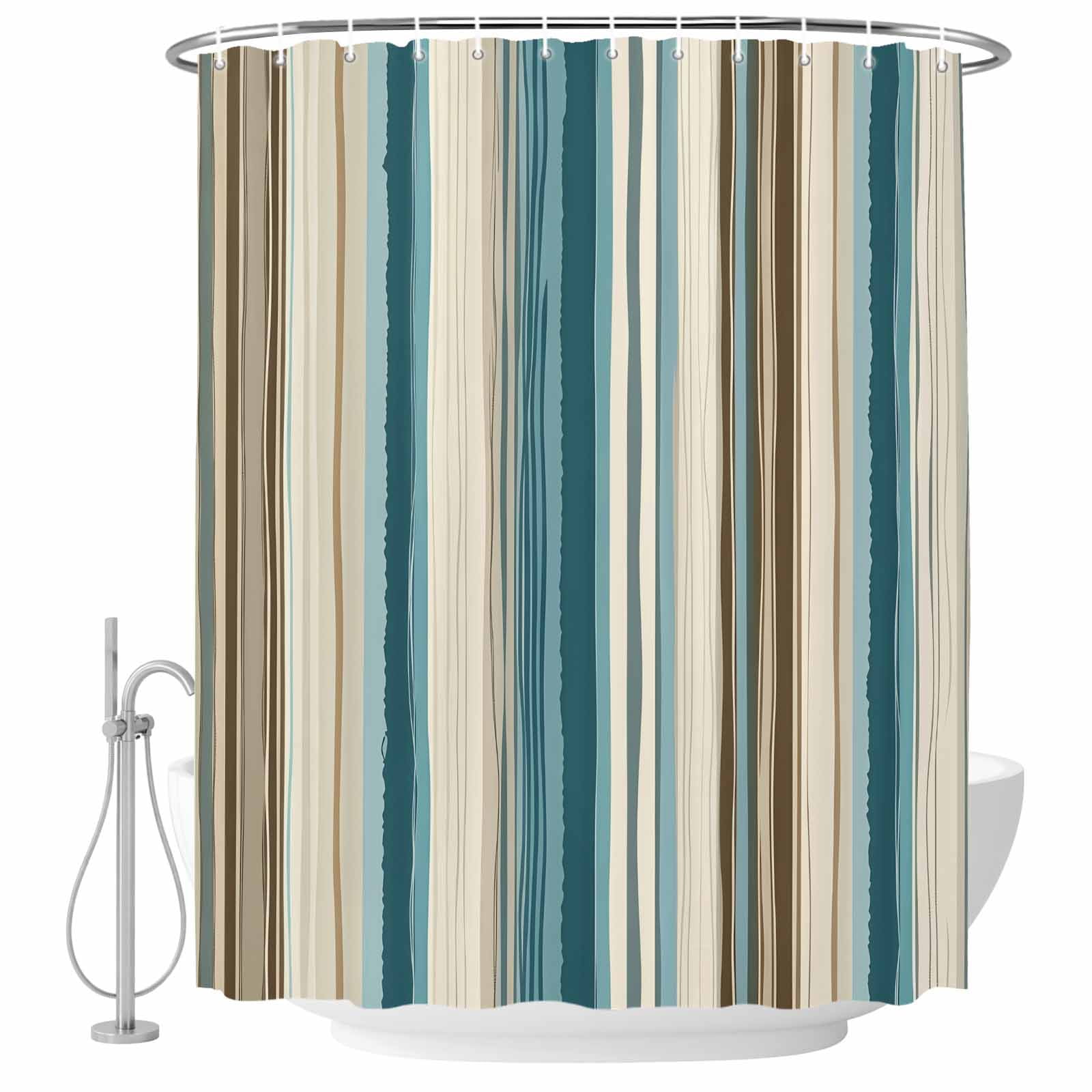 Bohemian Vertical Stripe Shower Curtain Set with Hooks, Green Beige ...