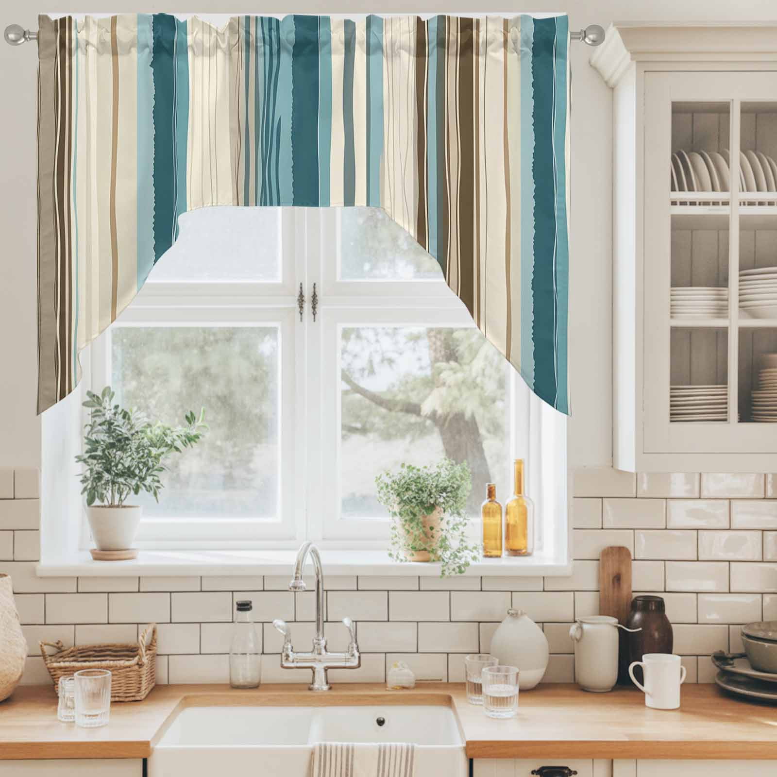 Bohemian Vertical Stripe Swag Curtain Valance for Windows, Green Beige ...