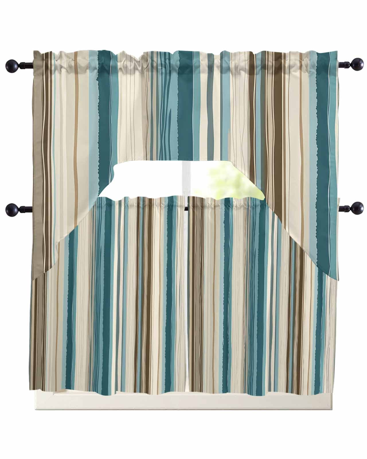 Bohemian Vertical Stripe Swag Valance and Tier Curtains Set Green Beige ...