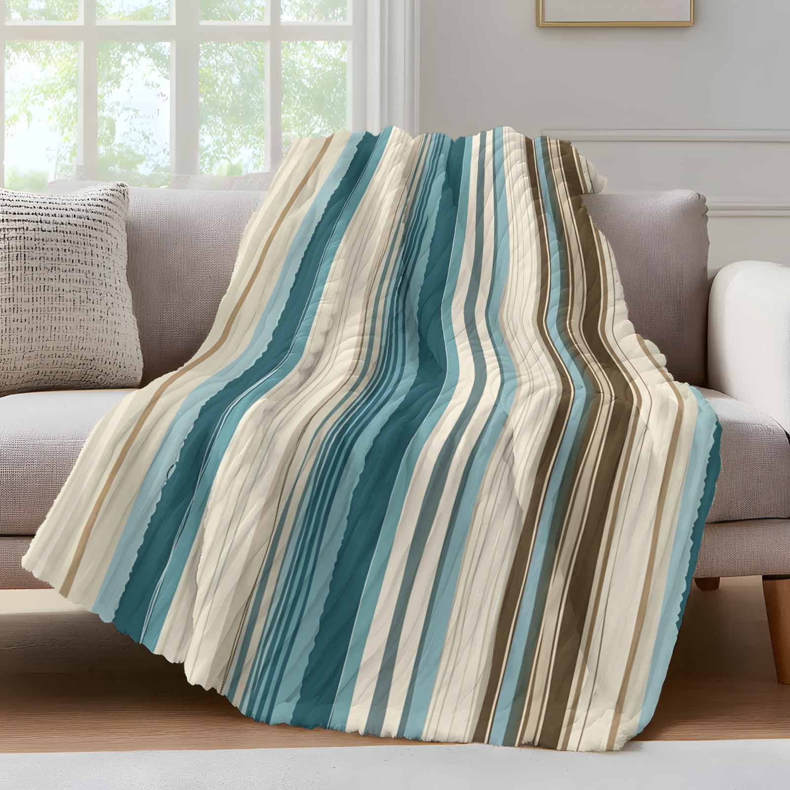 Bohemian Vertical Stripe Throw Blanket for Couch Green Beige Simple ...