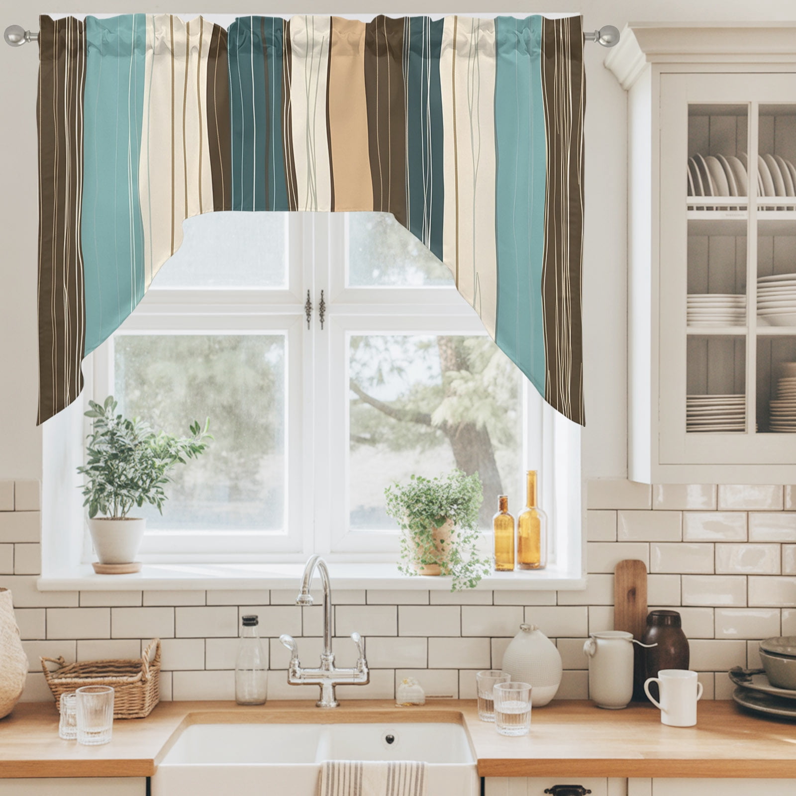 Bohemian Vertical Stripes Swag Curtain Valance for Windows, Green Beige ...