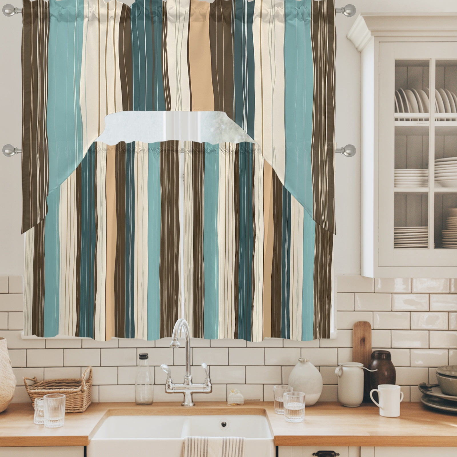 Bohemian Vertical Stripes Swag Curtains Valance and Tier Set, Green ...