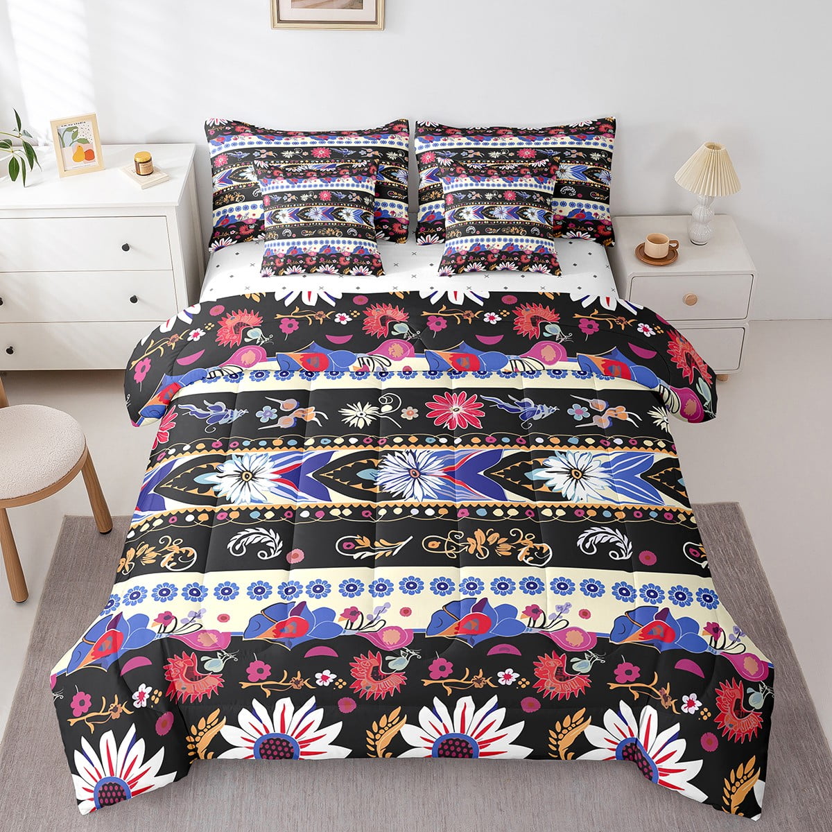 Bohemian Vintage Floral Comforter Set 7 Piece Bed in a Bag Twin ...