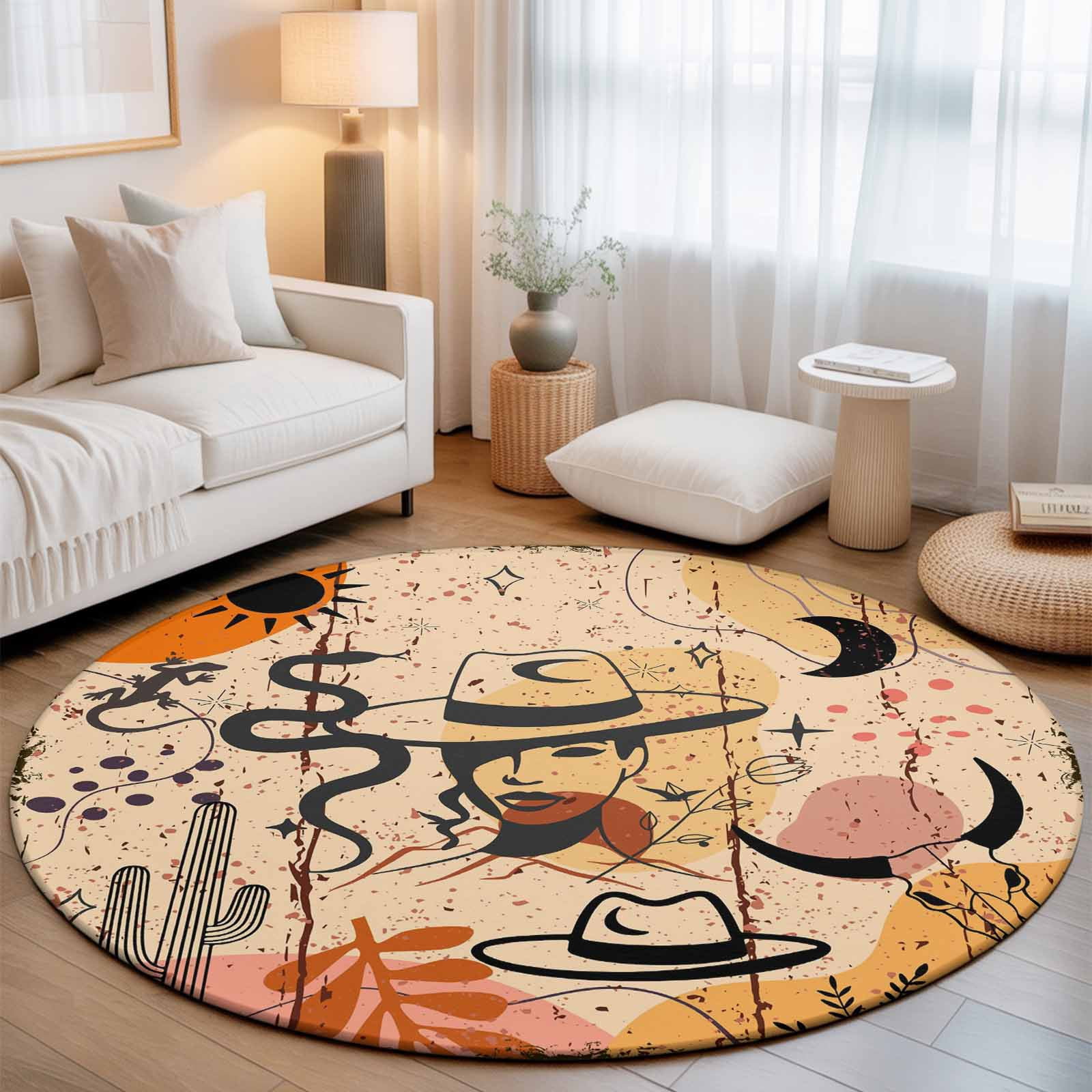 Bohemian Vintage Western Cowboy Hat Cactus Round Rug 5ft Wild West ...