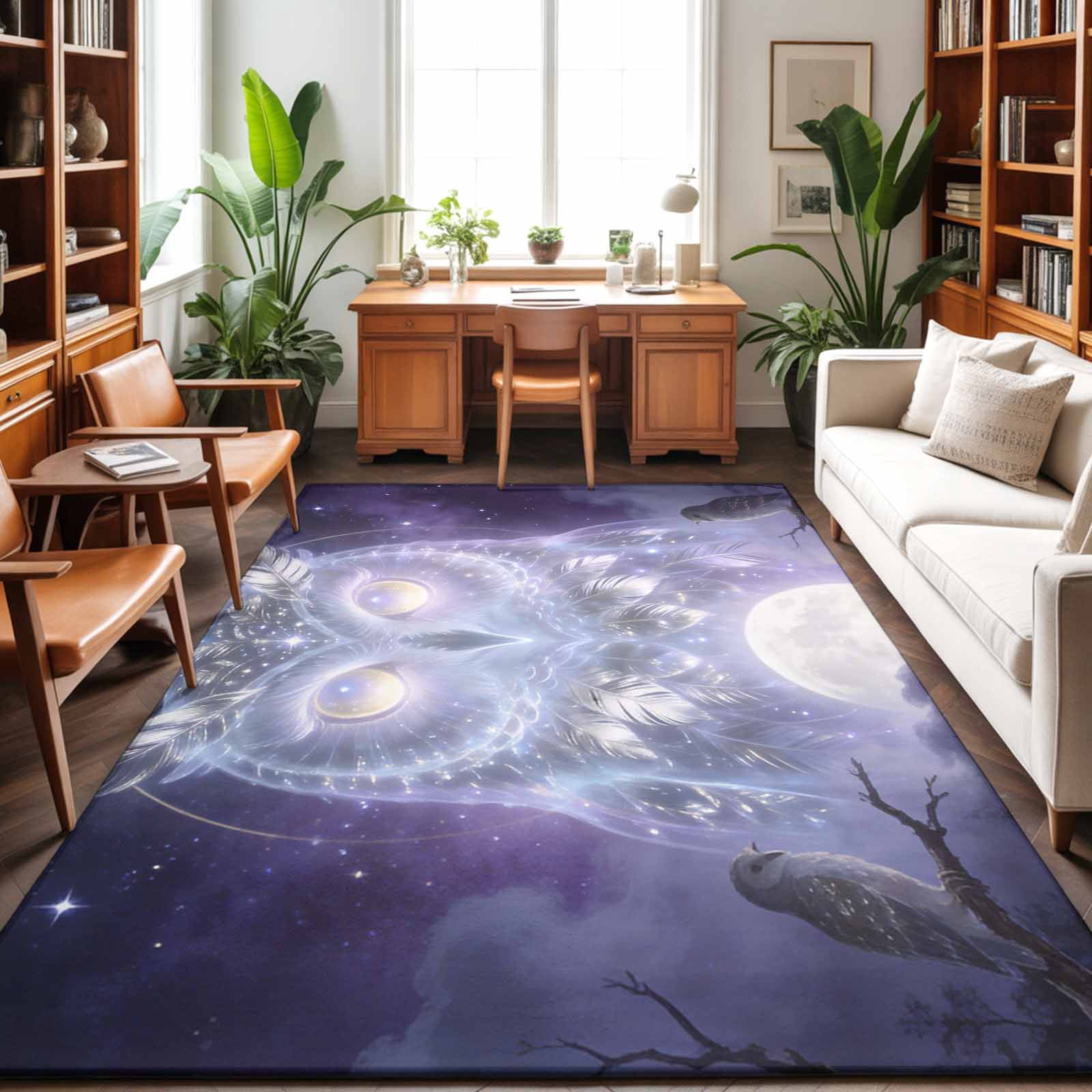 Bohemian Washable Area Rug 4 x 6 ft Watercolor Owl Fantasy Moon Forest ...