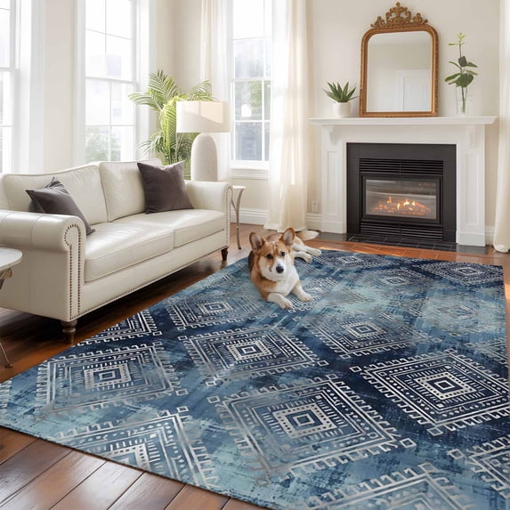 Bohemian Washable Area Rug 8x10 Blue Mottled Tribal Geometric Pattern ...