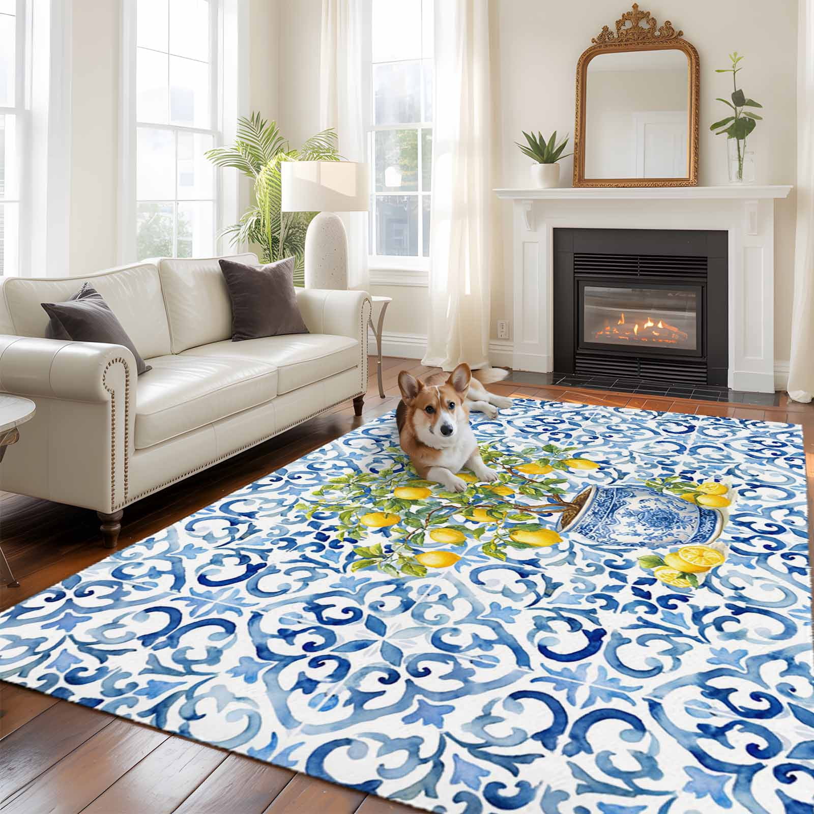 Bohemian Washable Area Rug 8x10 Bohe Flowers Texture Summer Lemon Fruit ...