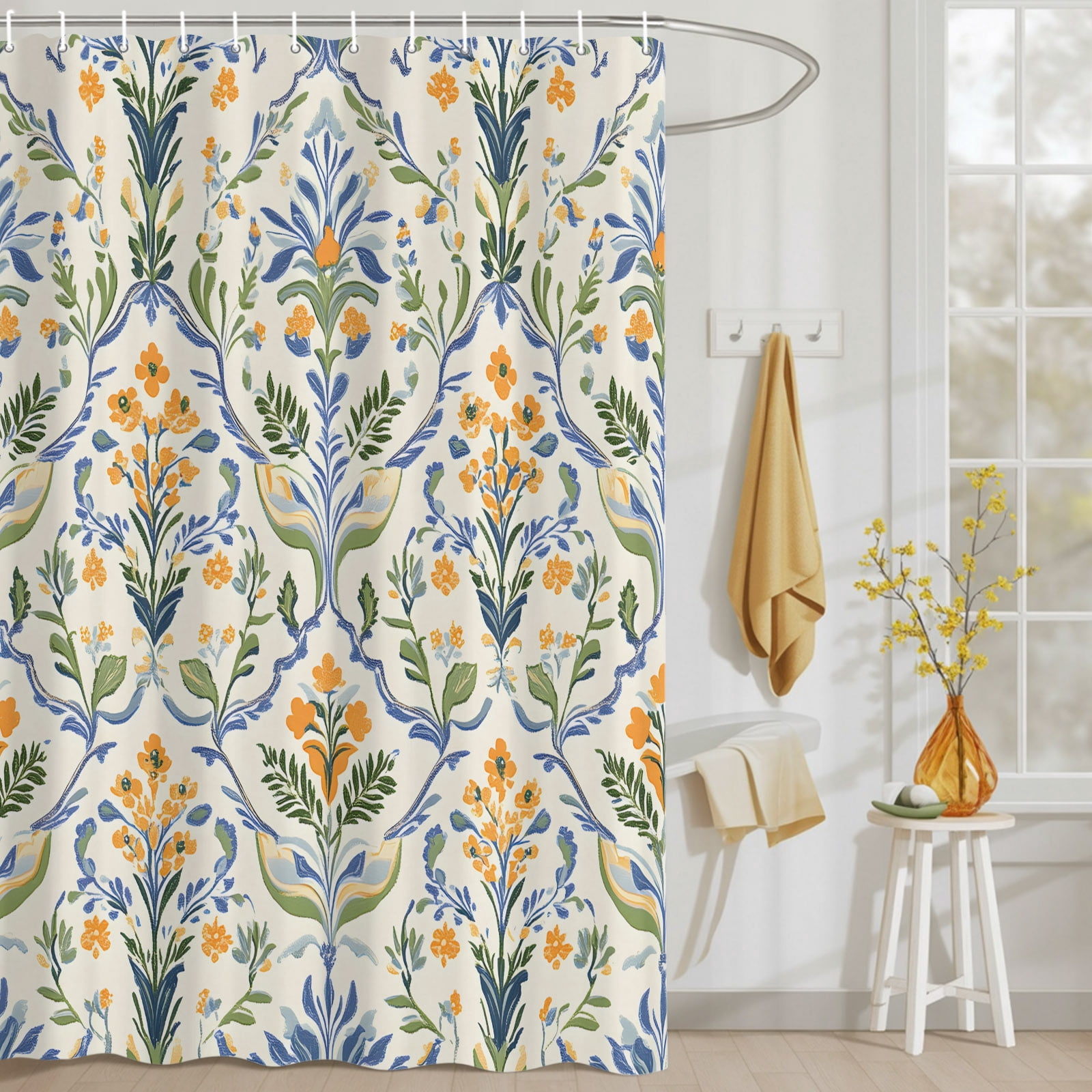 Bohemian Watercolor Floral Leaf Shower Curtain Set, Waterproof Shower ...