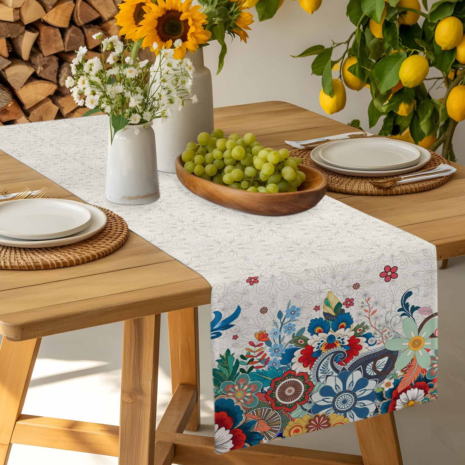 Bohemian Watercolor Flower on Linen Table Runner-36 Inch Long Vintage ...