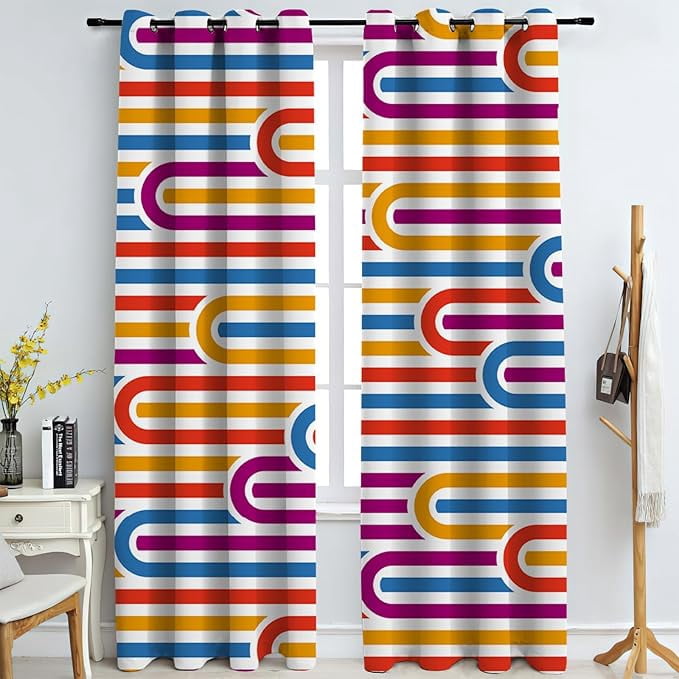Bohemian Watercolor Stripes Blackout Curtains, Abstract Red Yellow Blue ...