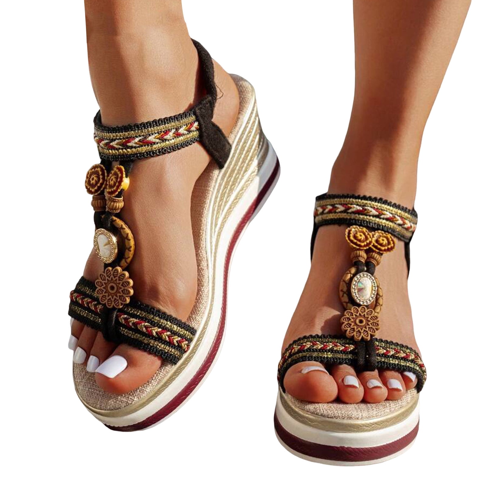 Bohemian Wedge Sandals for Women Beaded T-Strap Platform Beach Shoes ...