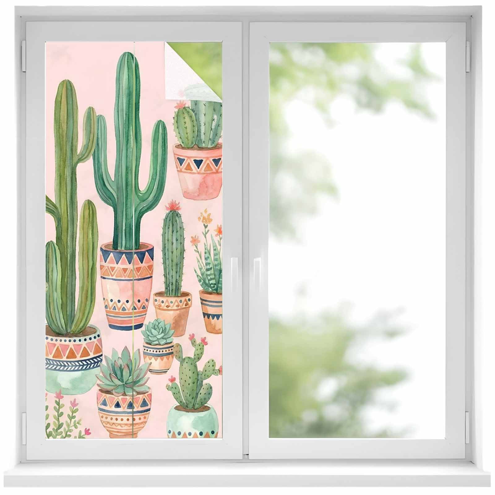 Bohemian Window Privacy Film, Green Cacti Pots Succulents Plants Pink ...